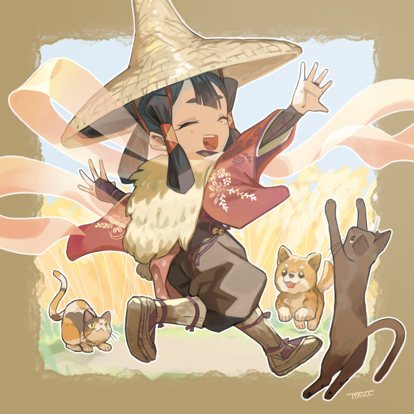 Safebooru - 1girl :d absurdres artist name black hair border brown ...