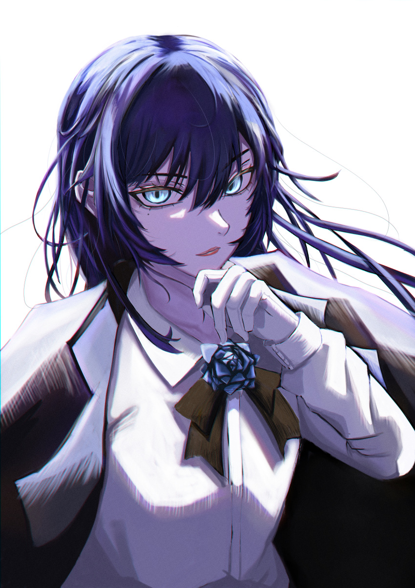 Safebooru - 1girl absurdres ado (utaite) black bow black bowtie black coat blue eyes blue flower ...