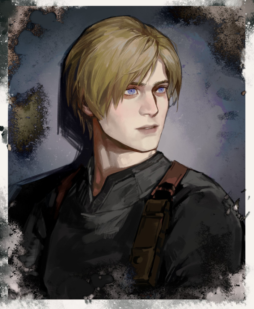 Safebooru - 1boy bags under eyes black shirt blonde hair blue eyes border brown straps collared ...