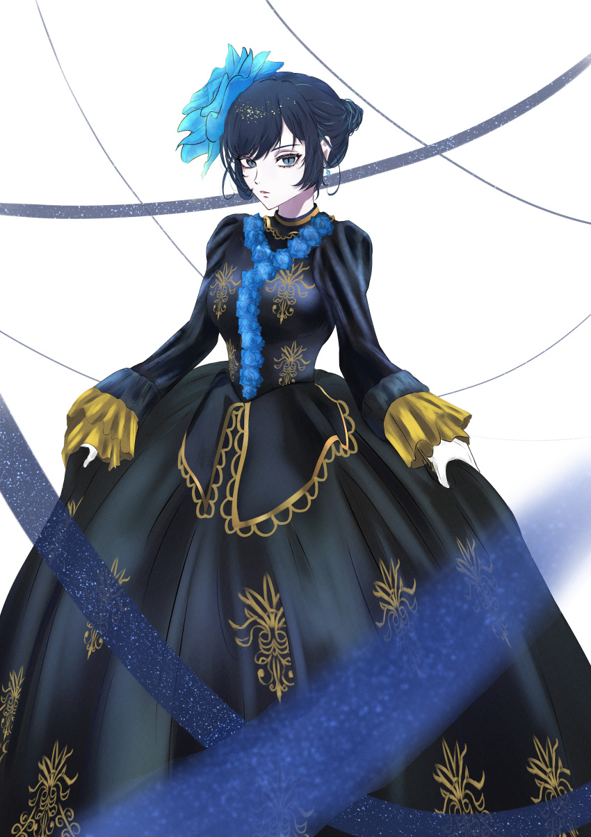 Safebooru - 1girl absurdres ado (utaite) black dress black hair blue eyes blue flower blue hair ...