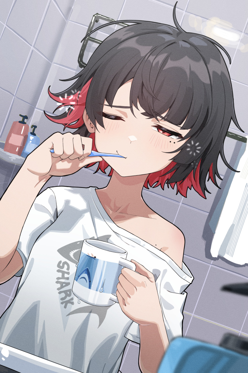Safebooru - 1girl alternate costume bathroom black hair blush brushing ...