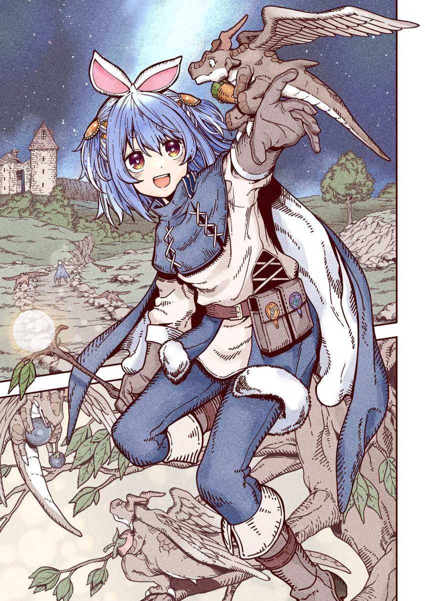 Safebooru - 1girl :d alternate costume animal ears arm up bad id bad twitter id belt belt pouch ...
