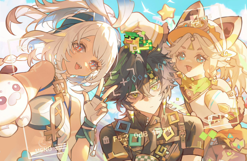 Safebooru - 1boy 2girls ajaw (genshin impact) bare shoulders black hair blue eyes blue headband ...