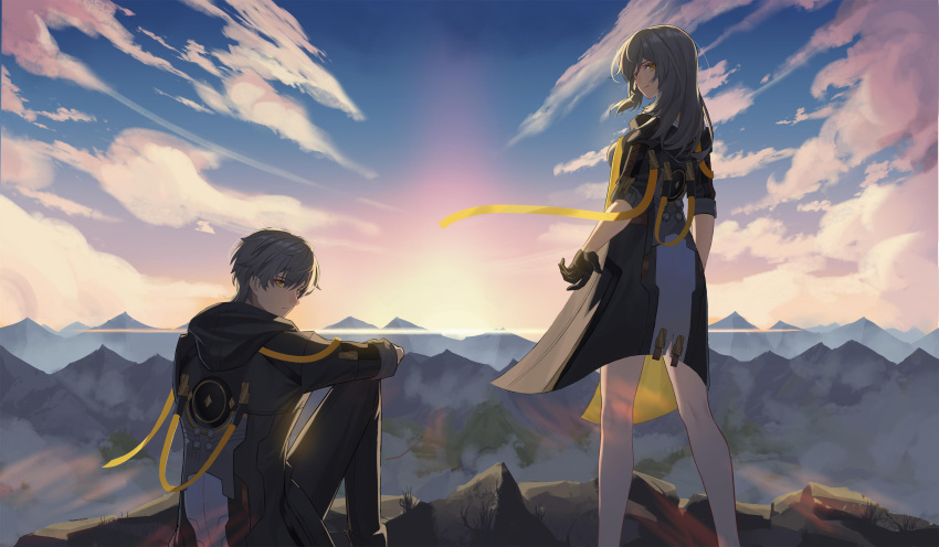 Safebooru - 1boy 1girl absurdres back black coat black gloves black pants blue sky caelus ...