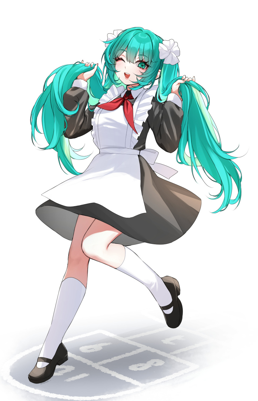 Safebooru - 1girl :d absurdres alternate costume apron aqua eyes aqua hair black dress black ...