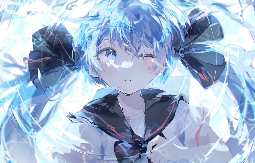 Safebooru - 1girl aqua hair black bow black bowtie black sailor collar blue eyes bottle miku bow ...