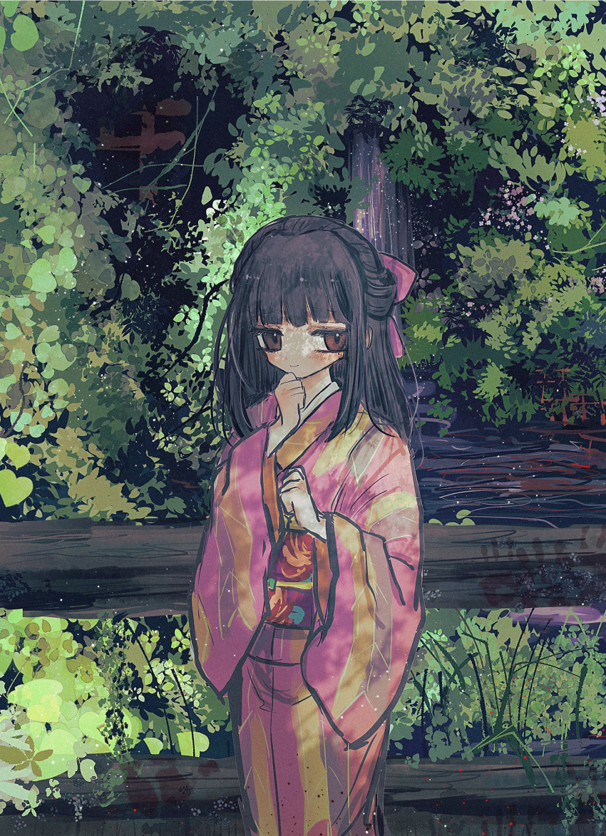 Safebooru 1girl Black Hair Blunt Bangs Blush Bow Brown Eyes