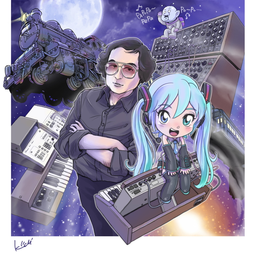 Safebooru - 1girl 2boys bald black hair black pants black shirt black ...