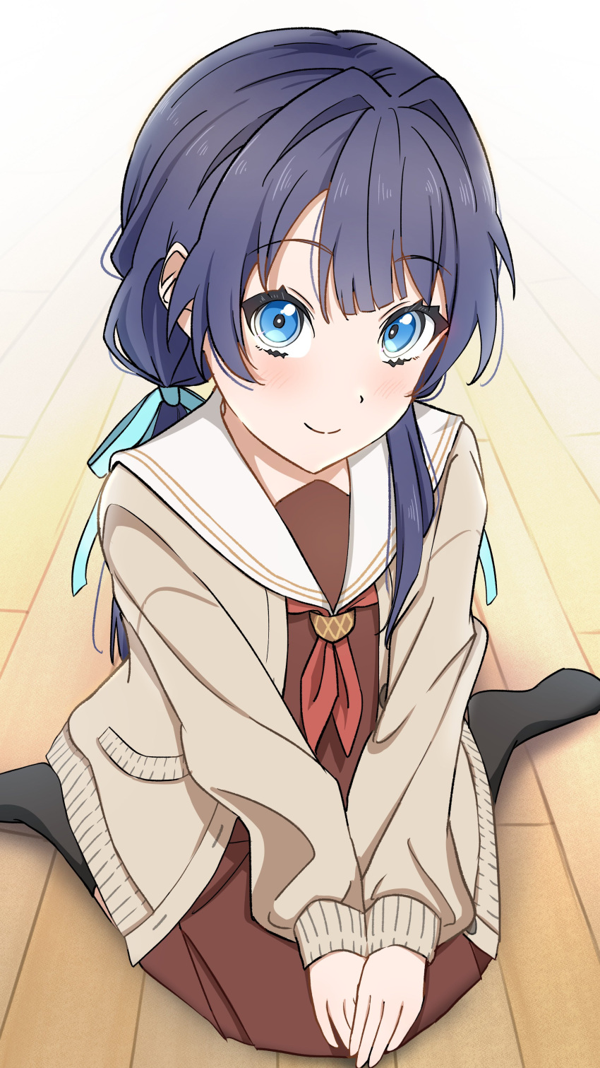 Safebooru - 1girl absurdres black socks blue eyes blue hair blue ribbon blush brown cardigan ...