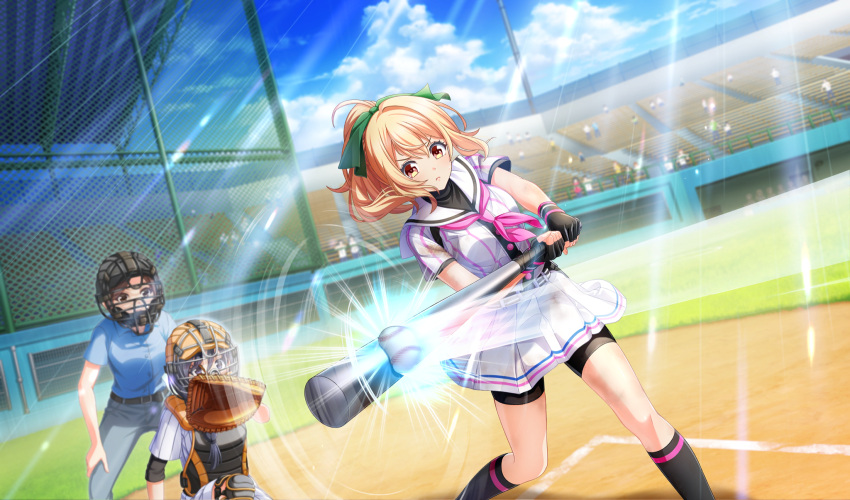 Safebooru - 3girls baseball baseball (object) baseball bat baseball mitt baseball stadium ...