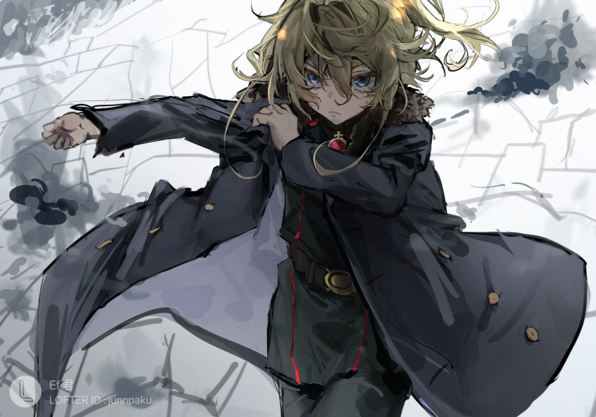 Safebooru - 1girl belt black pants blonde hair blue coat blue eyes coat cowboy shot efjun green ...
