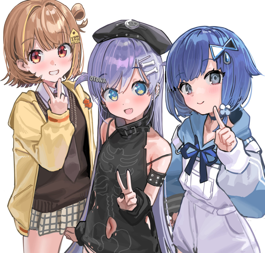 Safebooru - 3girls absurdres beret black dress black hat blue eyes blue hair brown hair closed ...