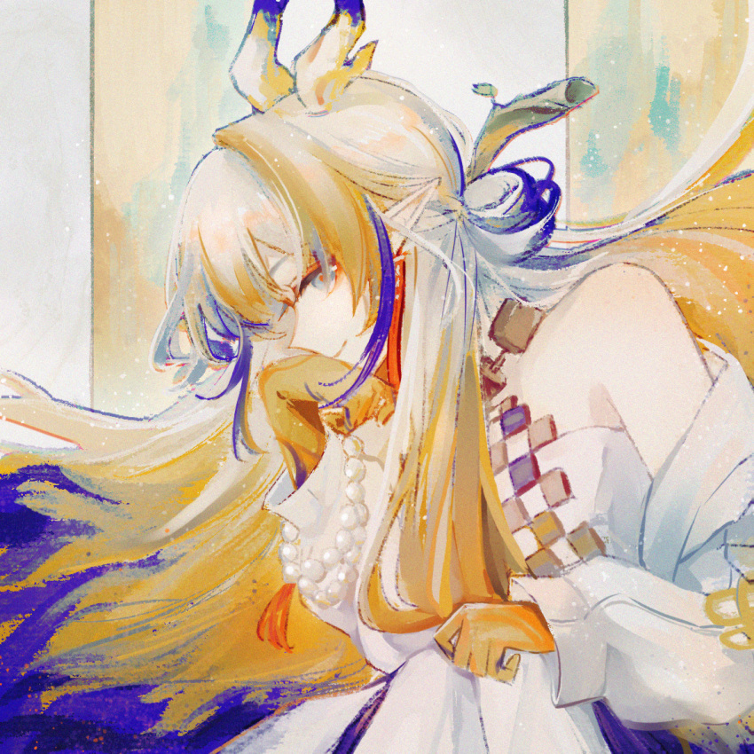 Safebooru - 1girl arknights bare shoulders beads blonde hair chinese commentary closed mouth ...