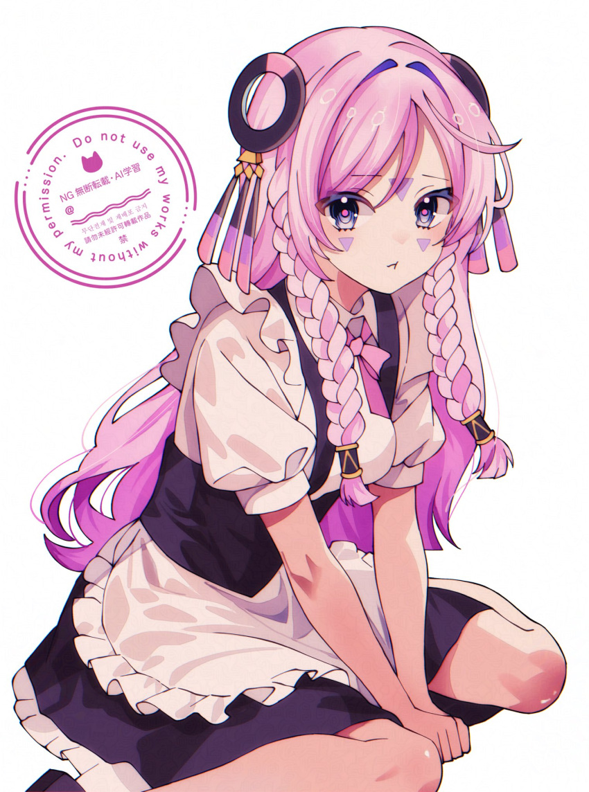 Safebooru - 1girl :t alternate costume apron between legs black dress blue eyes braid citlali ...