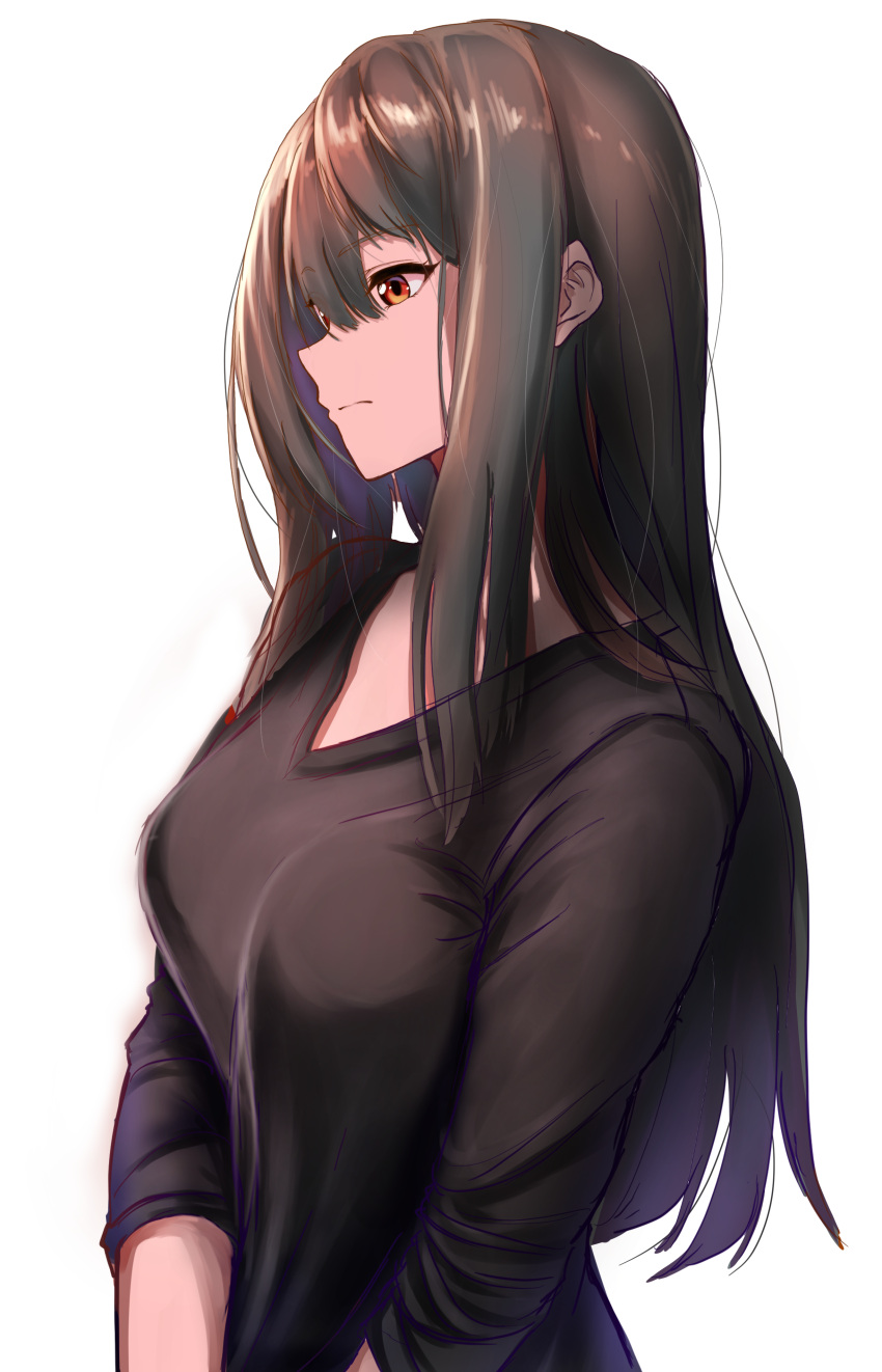 Safebooru - 1girl absurdres black hair black shirt breasts brown eyes from side gloom ...