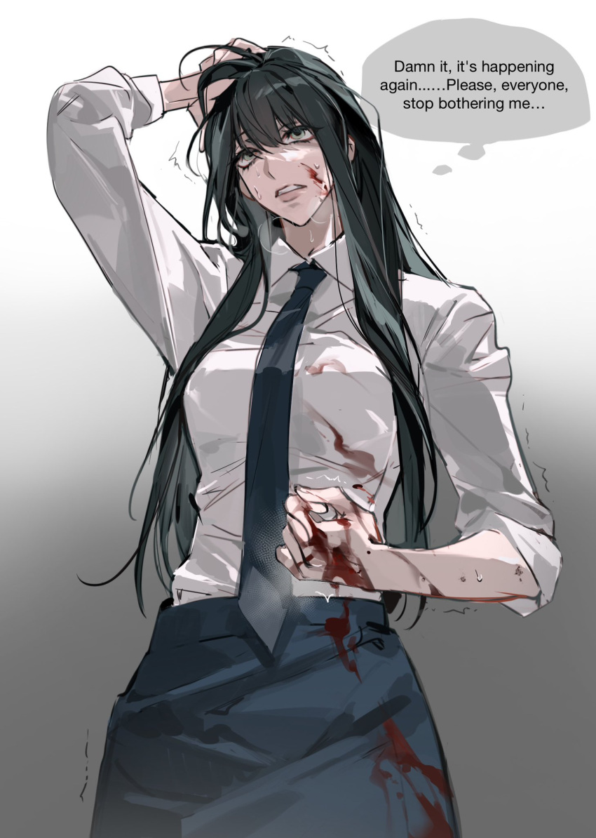 Safebooru - 1girl black background black hair black necktie black skirt blood blood on clothes ...