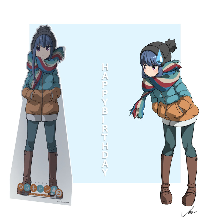 Safebooru - 1girl beanie black hat blue pants cardboard cutout coat ...