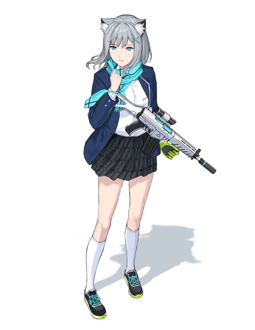 Safebooru - 1girl absurdres animal ear fluff animal ears aqua eyes aqua scarf assault rifle ...