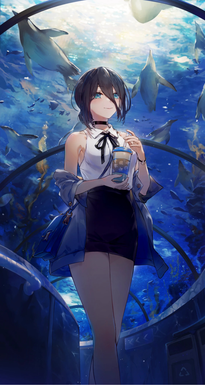 Safebooru - 1girl belt bird black choker black hair black ribbon black skirt blue eyes chainsaw ...