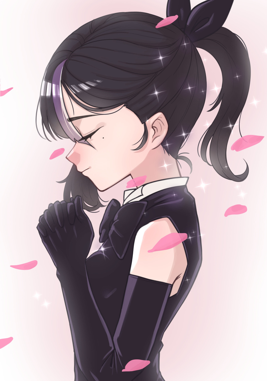 Safebooru - 1girl absurdres black bow black gloves black hair black shirt bow cchiii closed ...