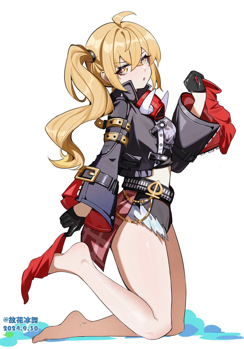 Safebooru - 1girl :o absurdres ahoge barefoot belt black belt black gloves black jacket black ...