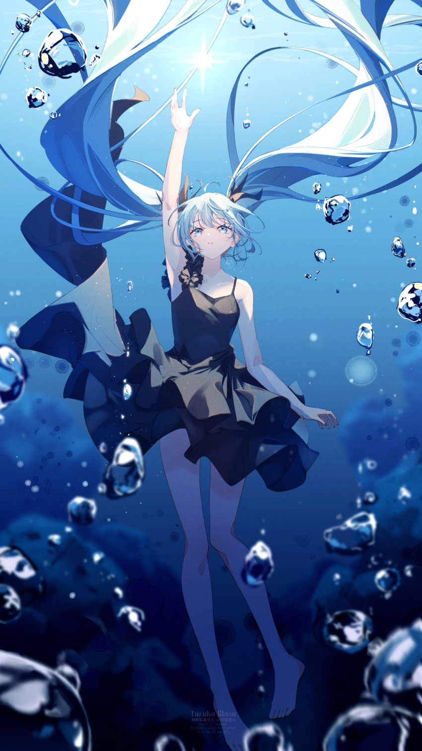 Safebooru - 1girl air bubble aqua eyes aqua hair barefoot black dress blue eyes blue hair bubble ...