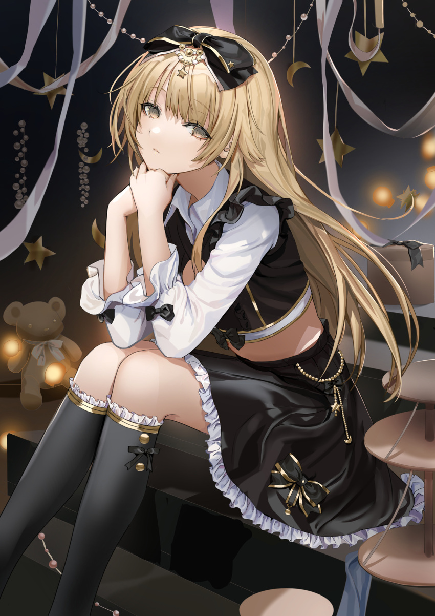 Safebooru - 1girl black bow black shirt black skirt black socks blonde hair bow bow legwear ...