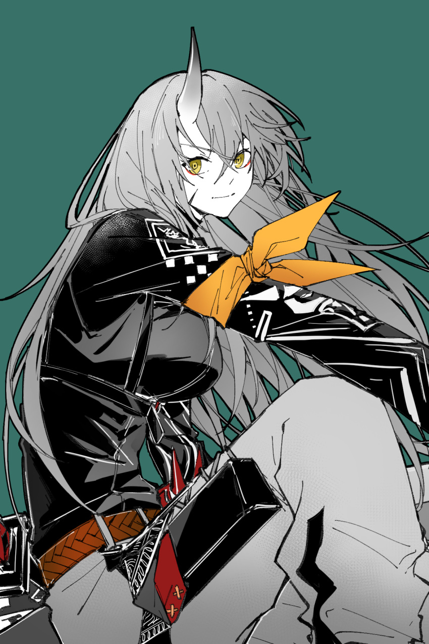 Safebooru - 1girl aqua background arknights arm ribbon belt black shirt breasts chinese ...