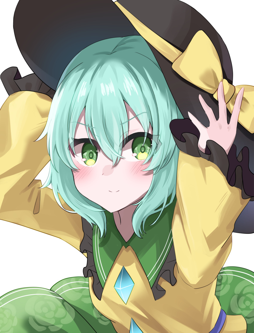 Safebooru - 1girl absurdres aqua hair arms up black hat blouse blush bow buttons closed mouth ...