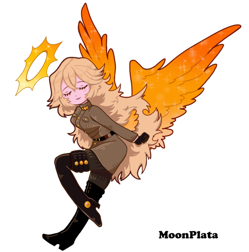 Safebooru - 1girl angel angel wings blonde hair boots closed eyes feathered wings funamusea halo ...