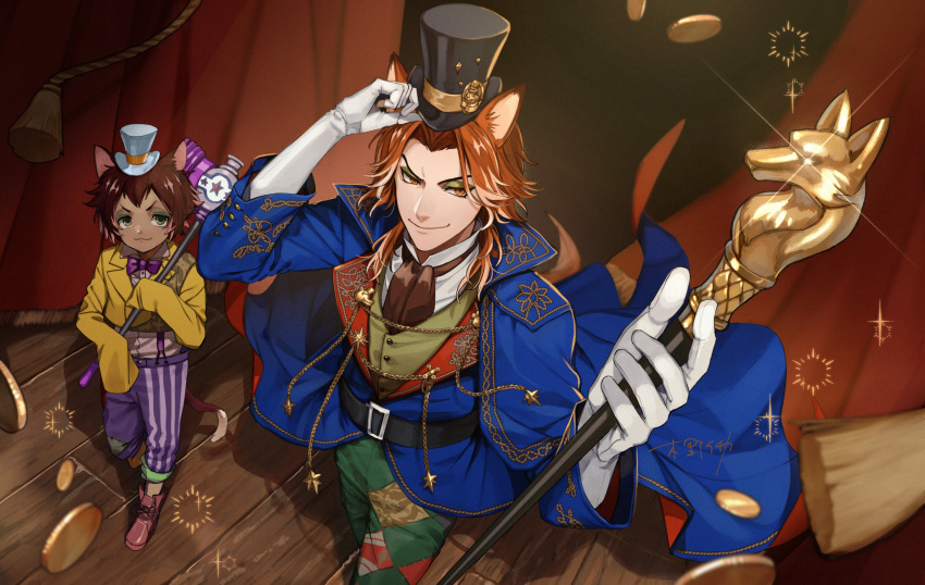 Safebooru - 2boys 2f sq :3 absurdres animal ears ascot belt belt buckle black belt black hat ...