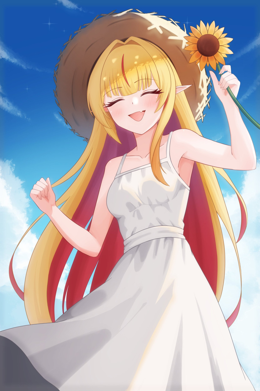 Safebooru - 1girl absurdres blonde hair blue sky closed eyes clouds colored inner hair dress ...