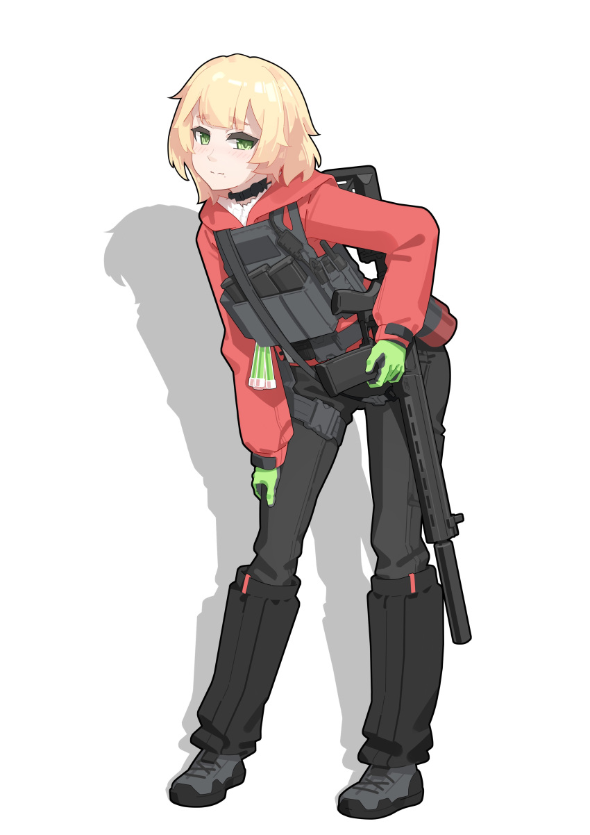 Safebooru - absurdres blonde hair bulletproof vest choker gloves glowstick green eyes gun ...