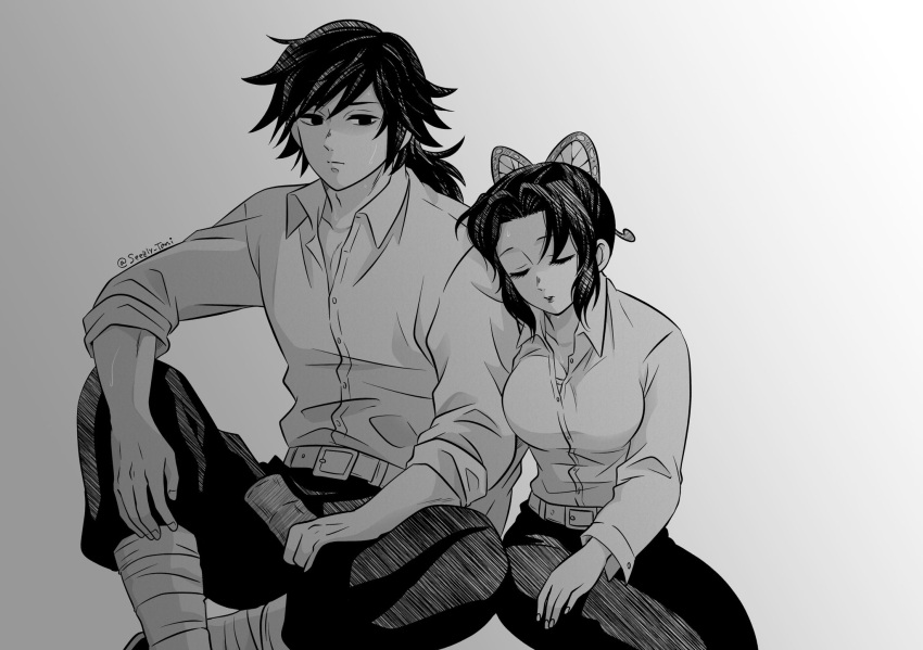 Safebooru - 1boy 1girl bandaged leg bandages belt black hair black pants breasts butterfly hair ...