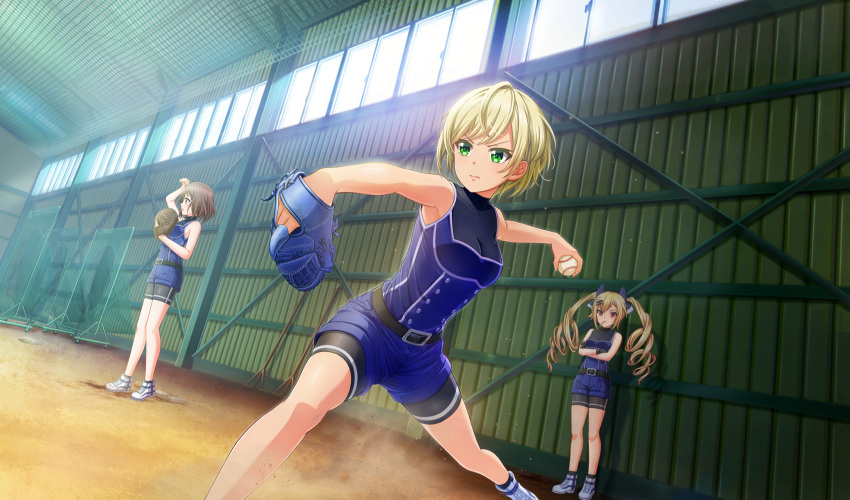 Safebooru - 3girls baseball mitt baseball uniform belt belt buckle bike shorts bike shorts under ...