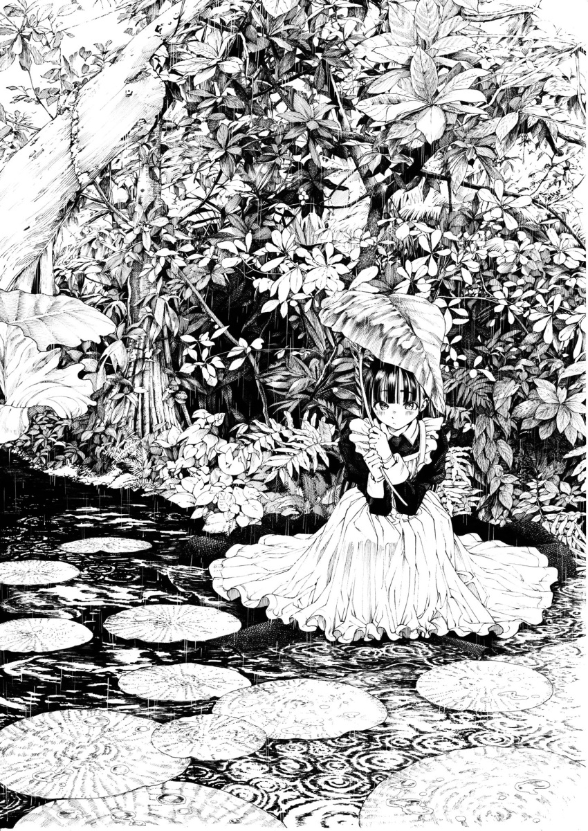 Safebooru 1girl Apron Black Hair Blunt Bangs Foliage Forest Gagaimo