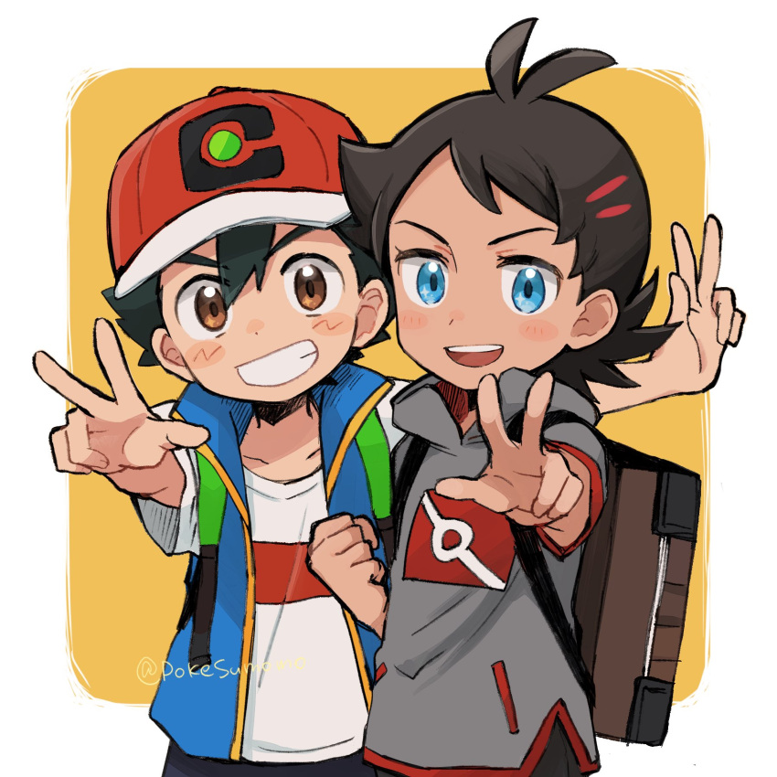 Safebooru - 2boys antenna hair ash ketchum backpack bag black hair blue ...