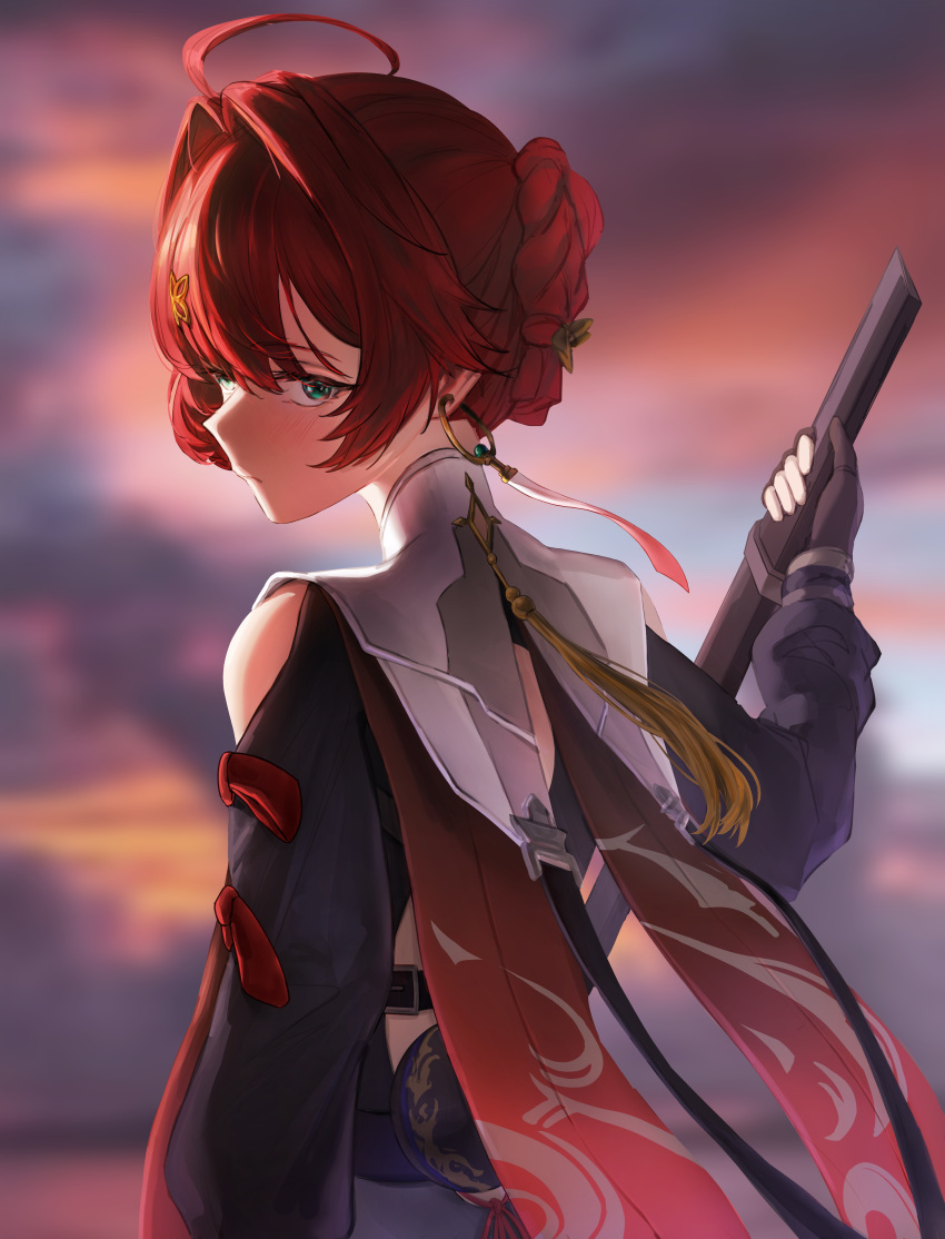 Safebooru - 1girl absurdres ahoge black gloves black shirt blue eyes blurry blurry background ...