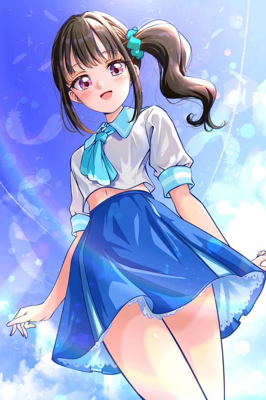Safebooru - 1girl absurdres alternate costume blue eyes blue skirt blue sky blush brown hair ...