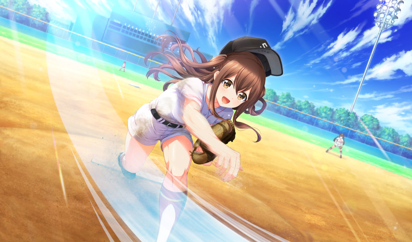 Safebooru - 3girls :d baseball baseball cap baseball mitt baseball stadium baseball uniform belt ...