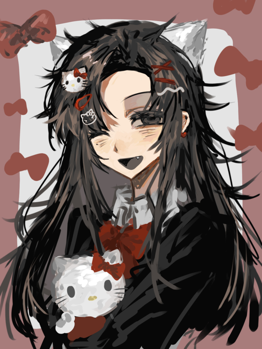 Safebooru - 1girl ;d animal ears black eyes black hair black jacket ...