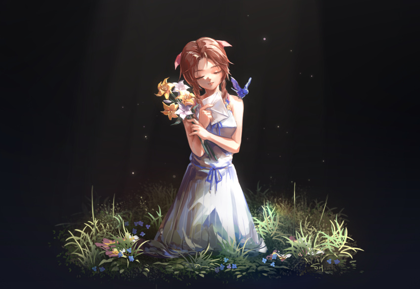 Safebooru - 1girl aerith gainsborough bare shoulders bird black background blue bird brown hair ...