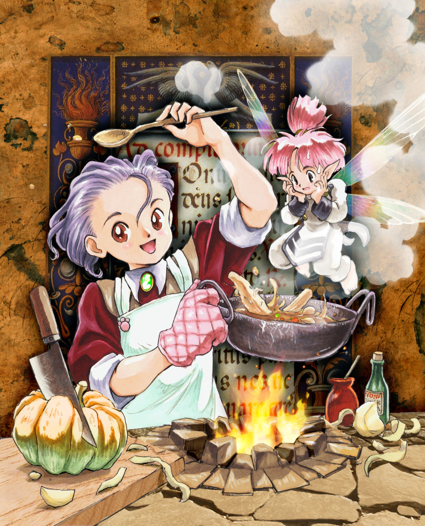 Safebooru - 2girls absurdres akai takami apron arm up brown eyes ...