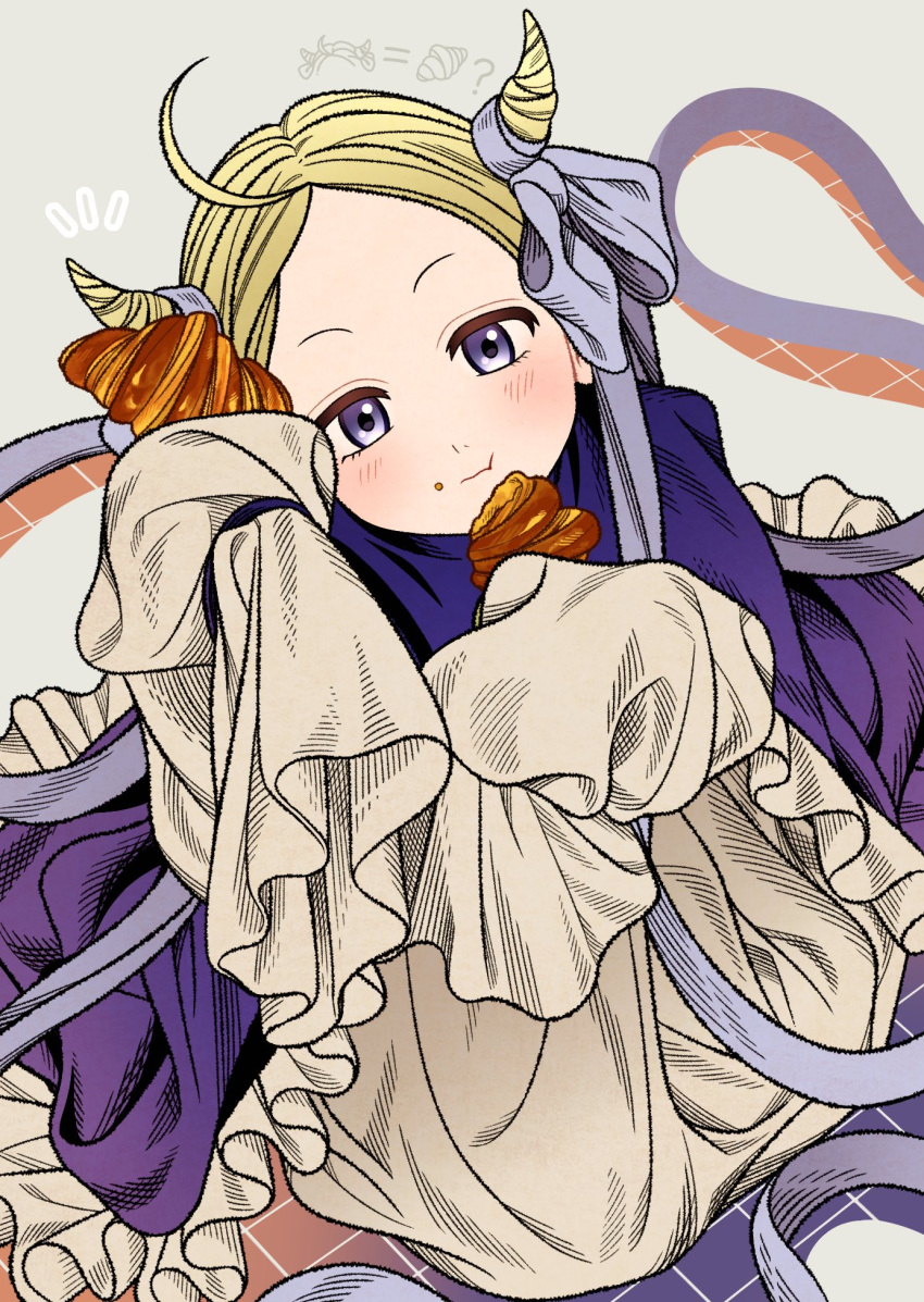 Safebooru - 1girl blonde hair blush bow croissant dress eating food forehead hair ribbon highres ...