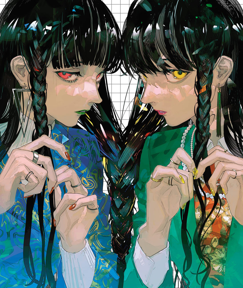 Safebooru - 2girls absurdres bead necklace beads black hair blue jacket braid braiding hair ...