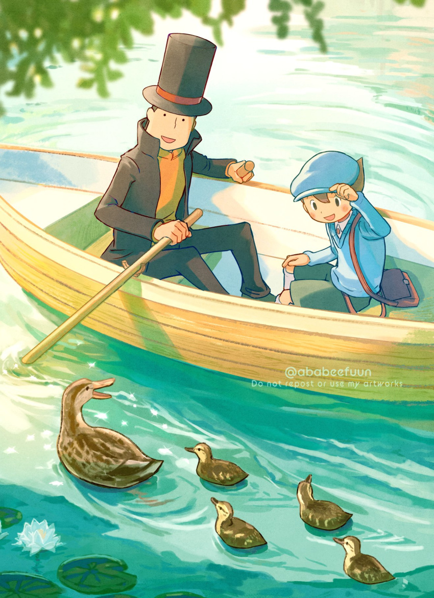 Safebooru - 2boys abarenbou bifun bag bird black hat black jacket black ...