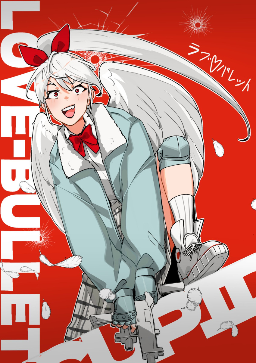 Safebooru - 1girl angel wings blue jacket bow bullet hole chiyo (love-bullet) copyright name ...
