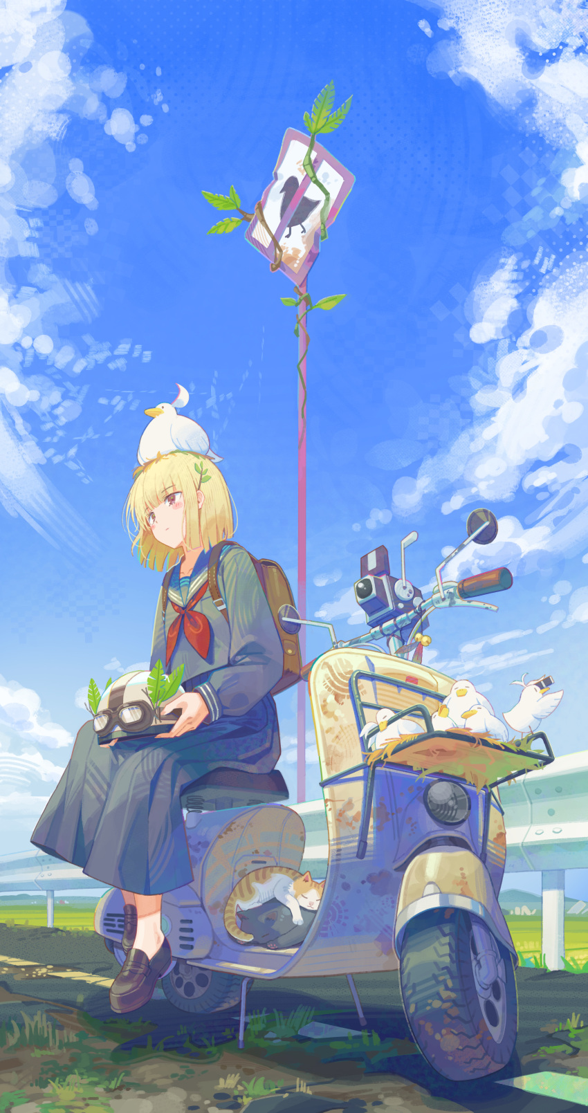 Safebooru - 1girl absurdres animal animal on head backpack bag bird bird nest bird on head black ...