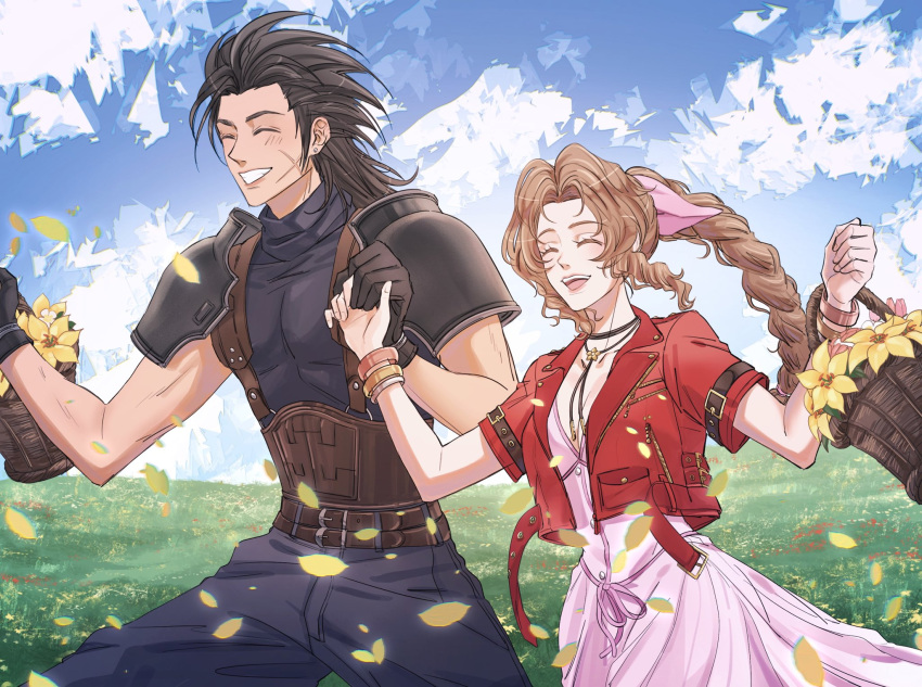 Safebooru - 1boy 1girl aerith gainsborough armor baggy pants bangle basket belt black gloves ...