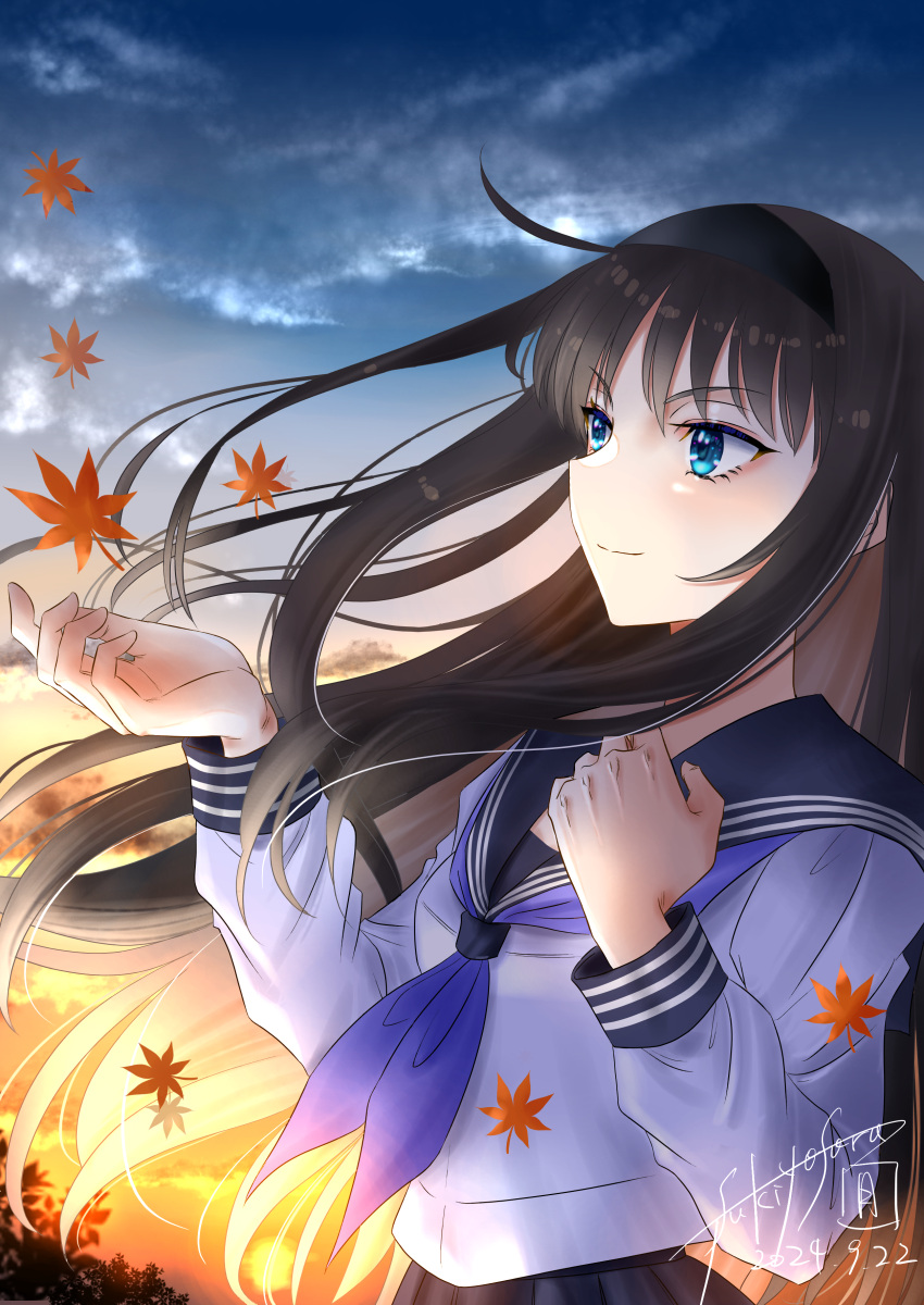 Safebooru - 1girl absurdres autumn leaves black hair blue eyes hairband highres long hair ...